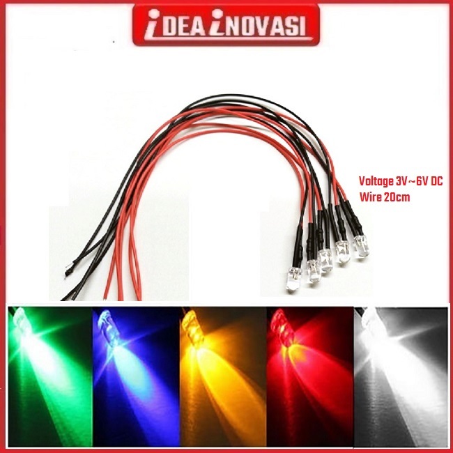 5MM LED with Wire 20cm 3V~6V Red/Green/White/Yellow/Blue Colour DIY/RBT ...