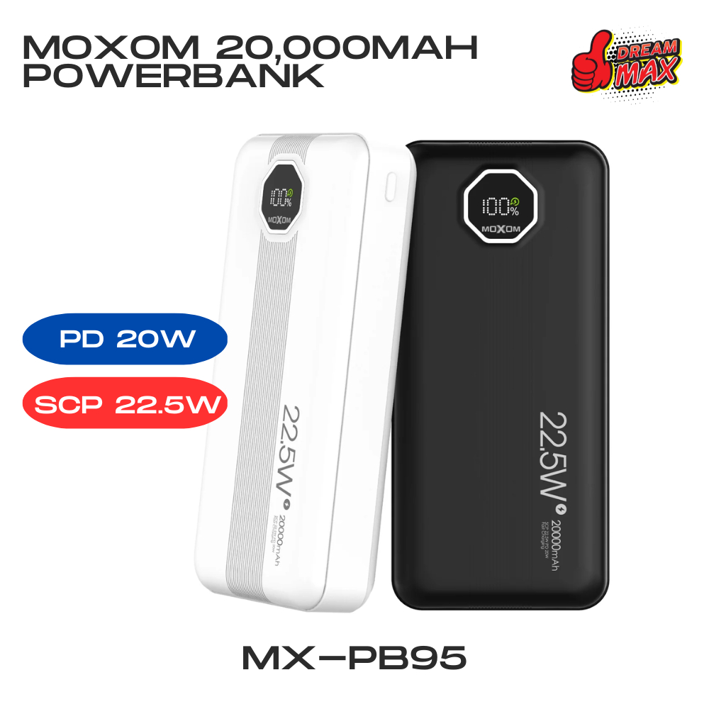 MOXOM 20000MAH PORTABLE SLIM POWER BANK PD20W + SCP22.5W MX-PB95 BLACK ...