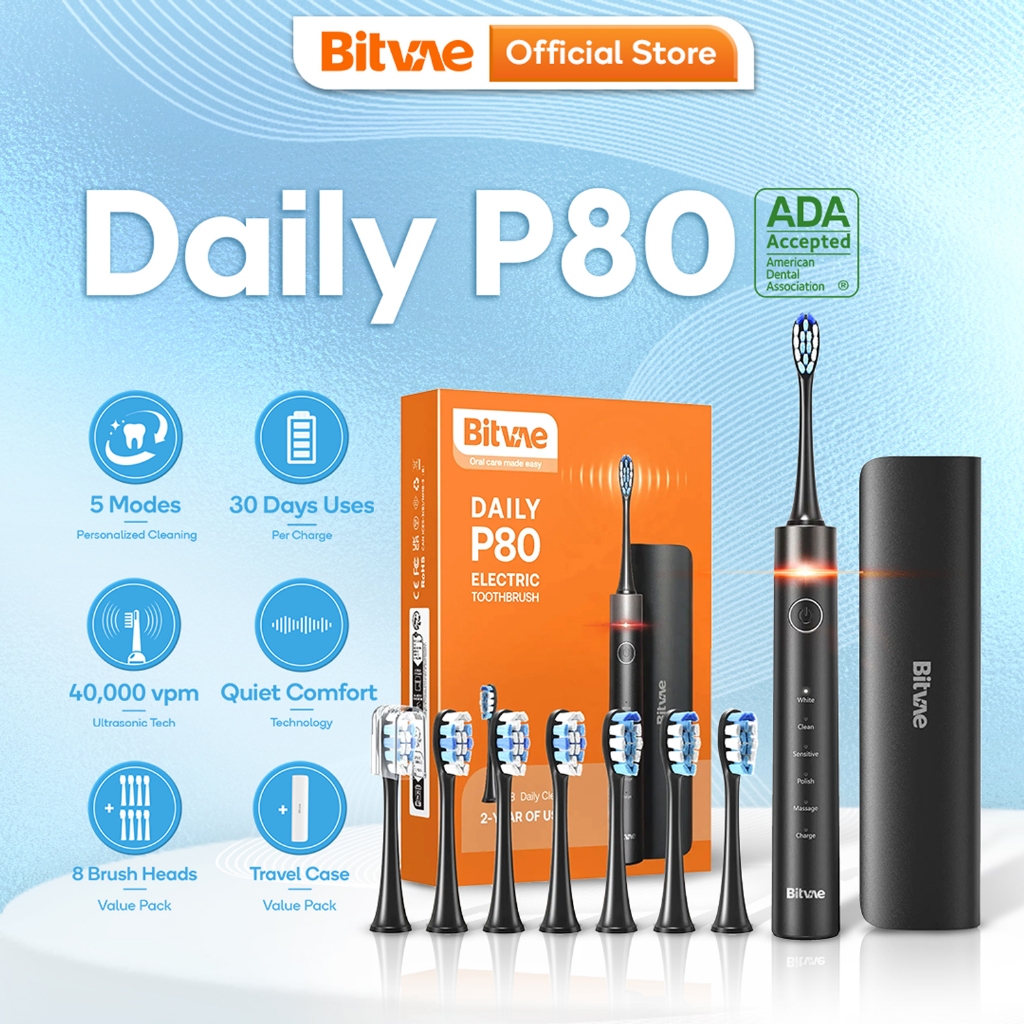 Bitvae P80 Rechargeable with 5 Modes Sonic Electric Toothbrush with Travel Case (8 Heads ...