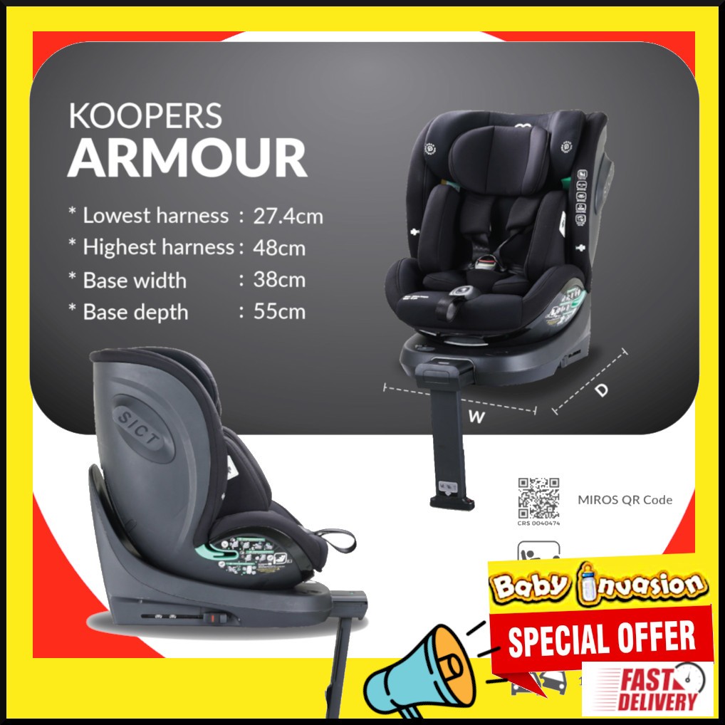 [6 years warranty, 1 to 1 crash exchange] Koopers Armour 360 Spin ISOFIX i-Size Baby Car Seat ...
