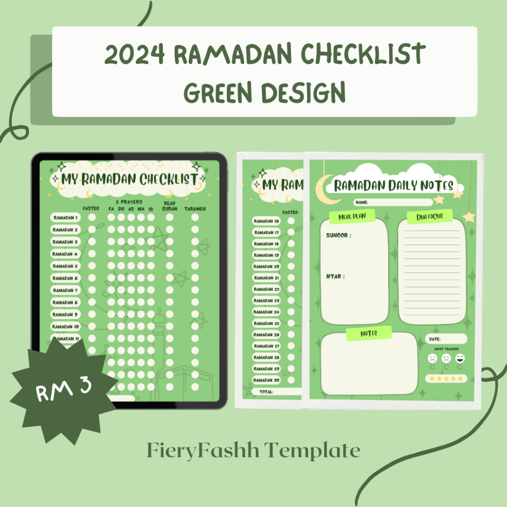 2024 Ramadan Checklist Printable & Digital Green Design - FieryFashh Template | Shopee Malaysia