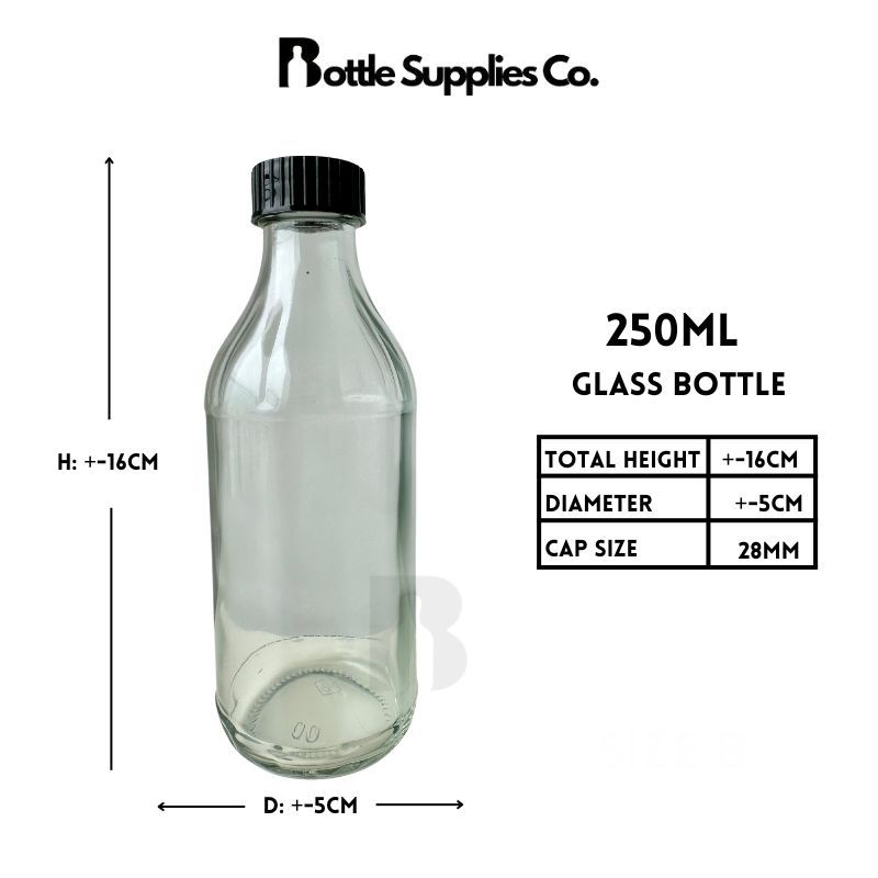 250ml Clear Round Bottom Glass Bottle with Black Screw Cap & Stopper ...