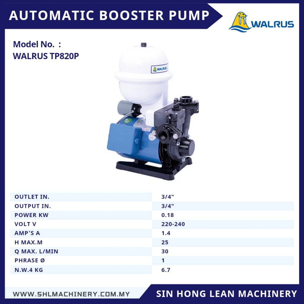 AUTOMATIC BOOSTER PUMP WALRUS TP820P | Shopee Malaysia
