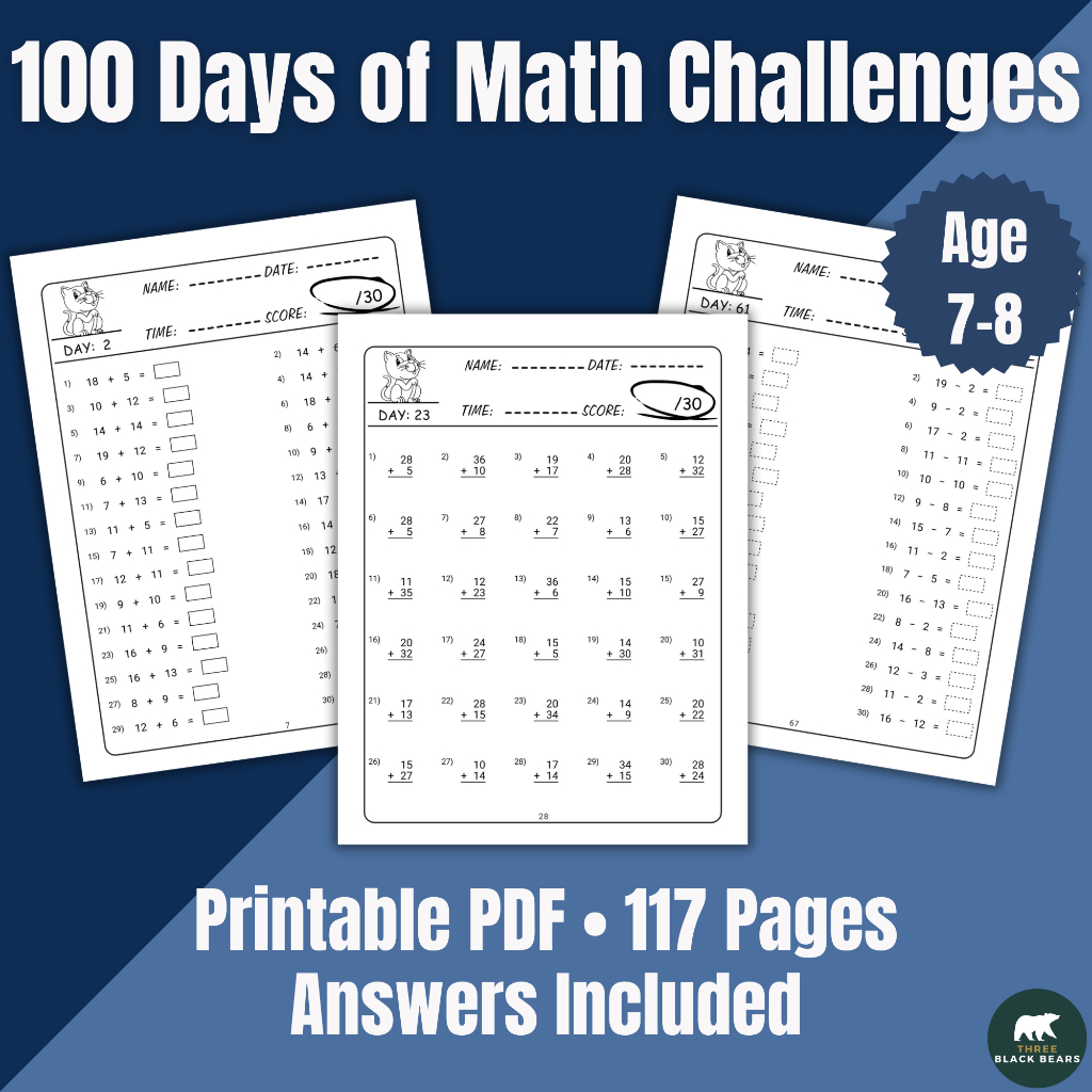 100 Days of Mathematics Challenges for Kids Age 7-8 [PDF] | Printable ...