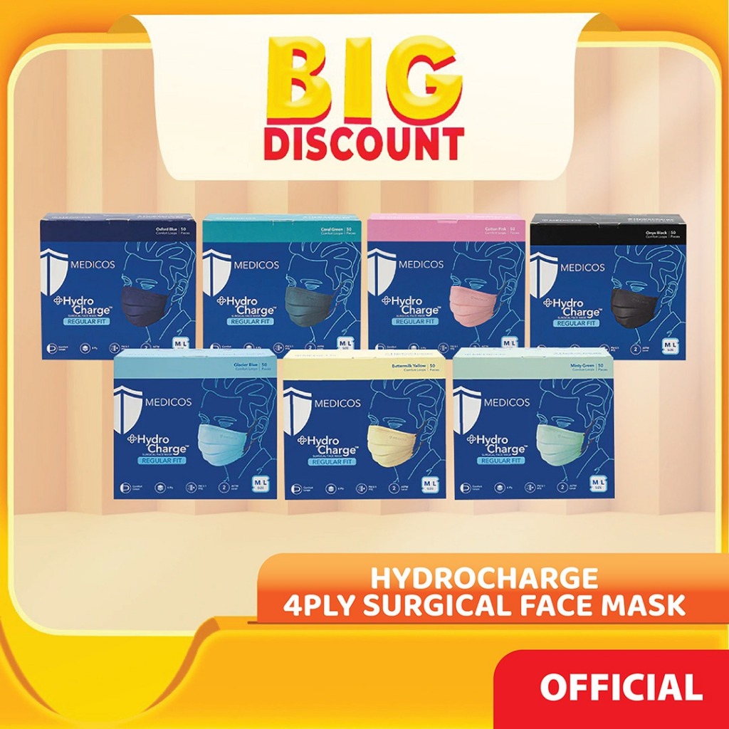 MEDICOS (NEW) Regular Fit 175 (M/L) HydroCharge 4ply Surgical Face Mask (Assorted Color)-EARLOOP ...