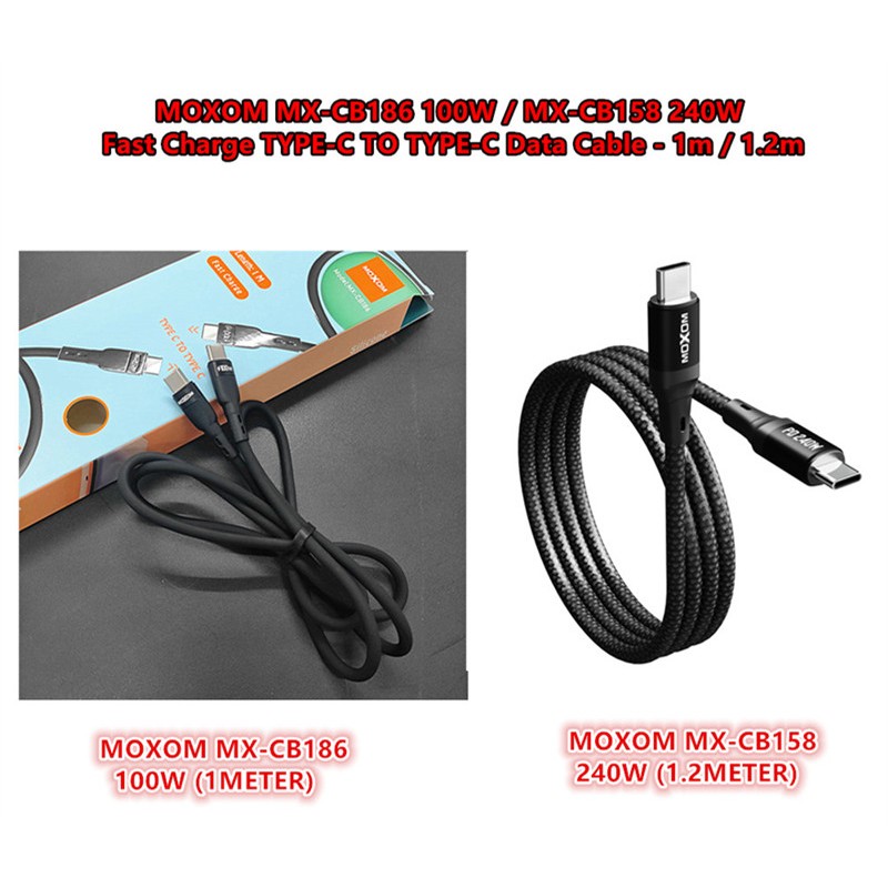 (NO COD) MOXOM MX-CB186 100W / MX-CB158 240W Fast Charge TYPE-C TO TYPE-C Data Cable - 1m / 1.2m ...