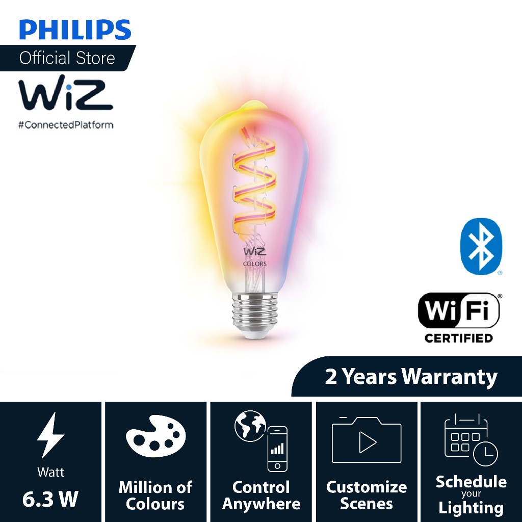 Philips Smart Lighting WiZ LED Filament ST64 Colour 6.3W Bulb (Powered ...