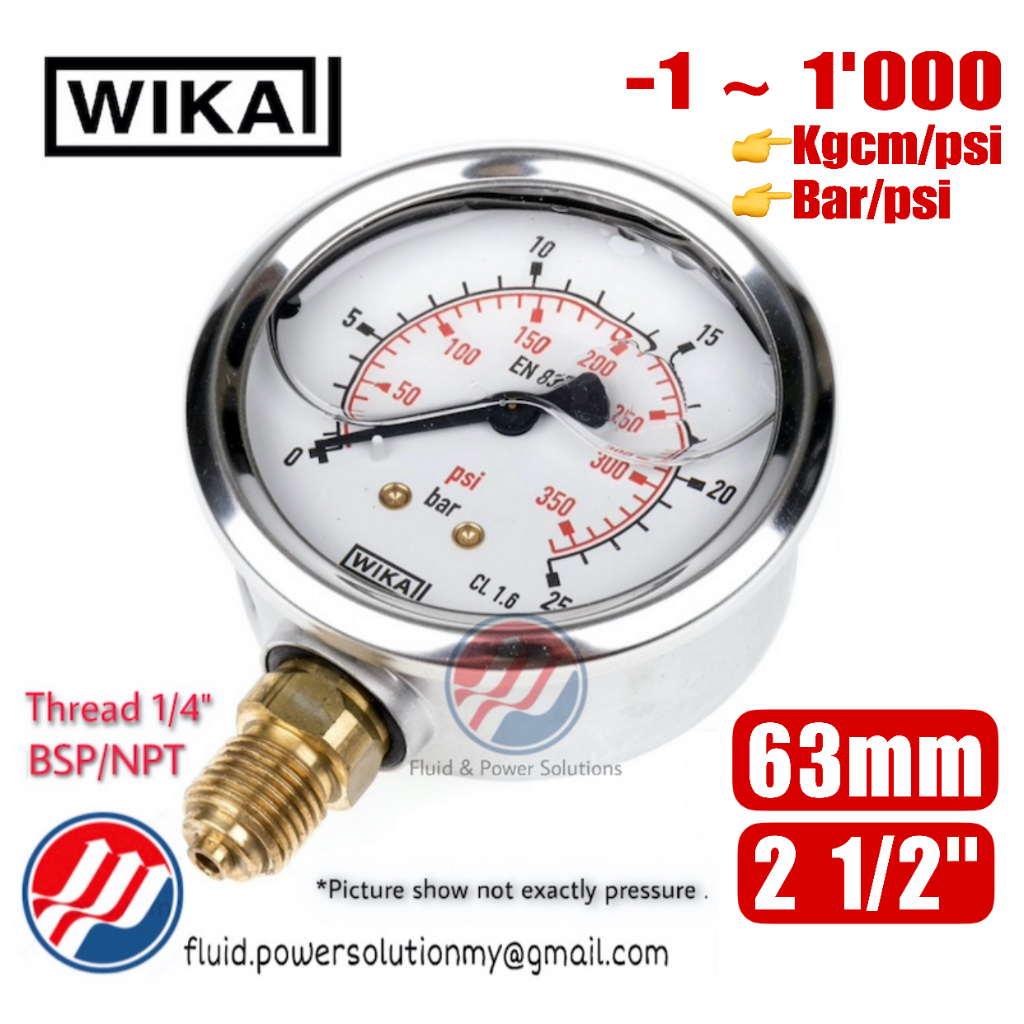 " WIKA " 100% Original Pressure Gauge, 2 1/2" (Diameter 63mm), 1/4" BSP ...