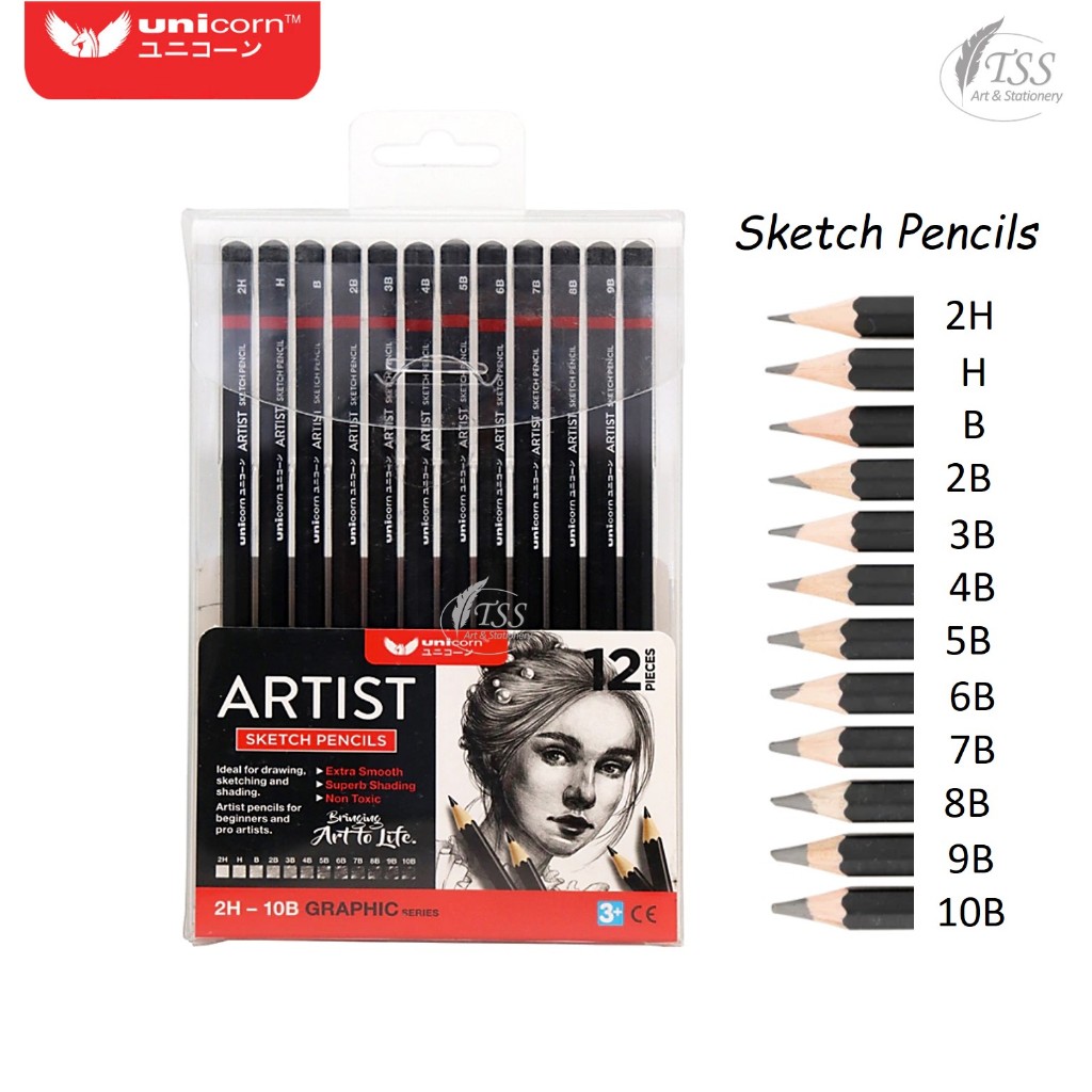 Unicorn Artist Sketch Pencils Set 2H -10B | Drawing Pencils | Graphite ...