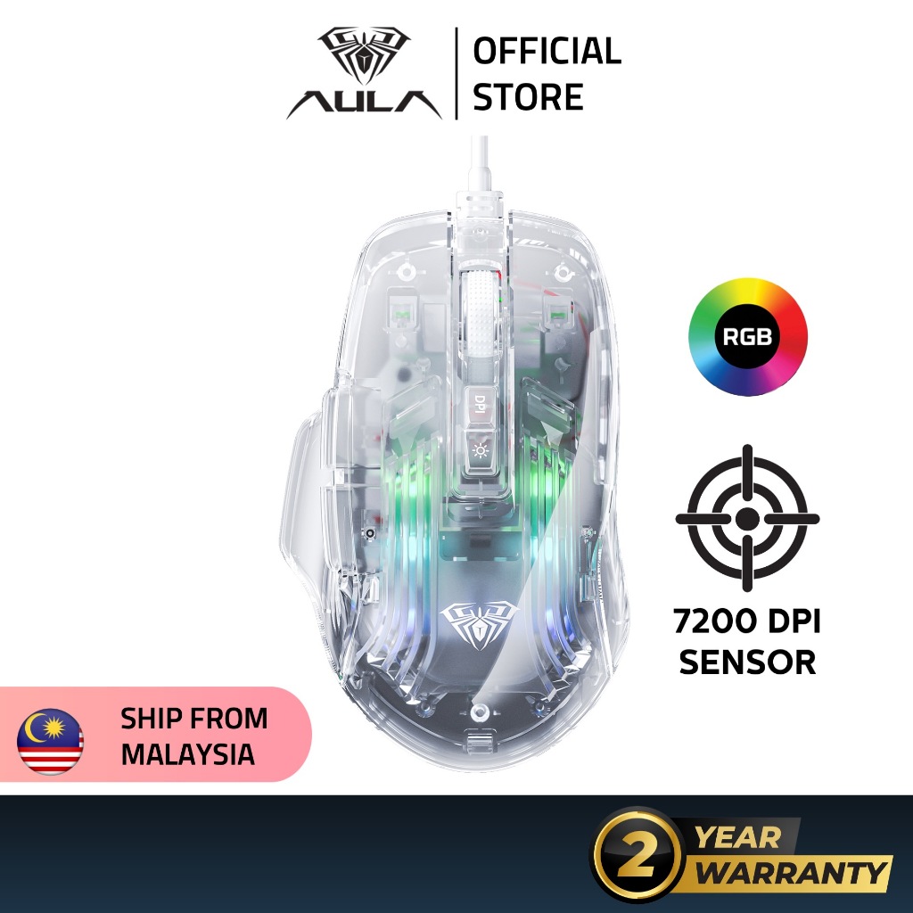 【NEW】 AULA S80 Wired Gaming Mouse RGB Transparent Ergonomic 7200DPI ...