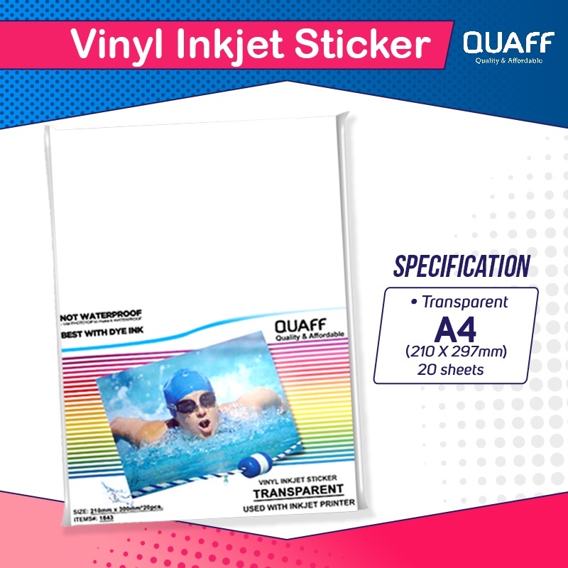 Quaff Vinyl Inkjet Sticker Printable Vinyl A4 Size Glossy Matte Transparent 20 Sheets Pack ...