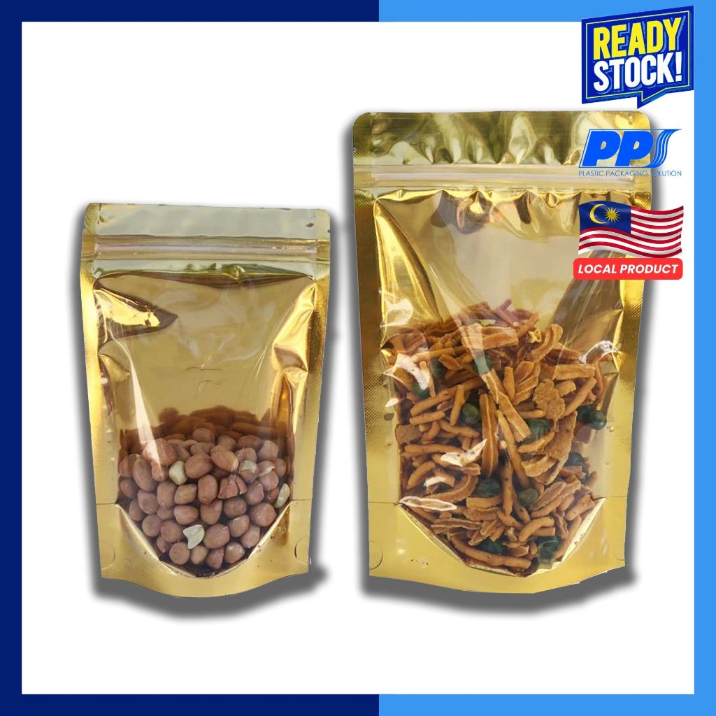 50pcs Shining Gold Metalised Bag With Ziplock and Stand Pouch | One ...