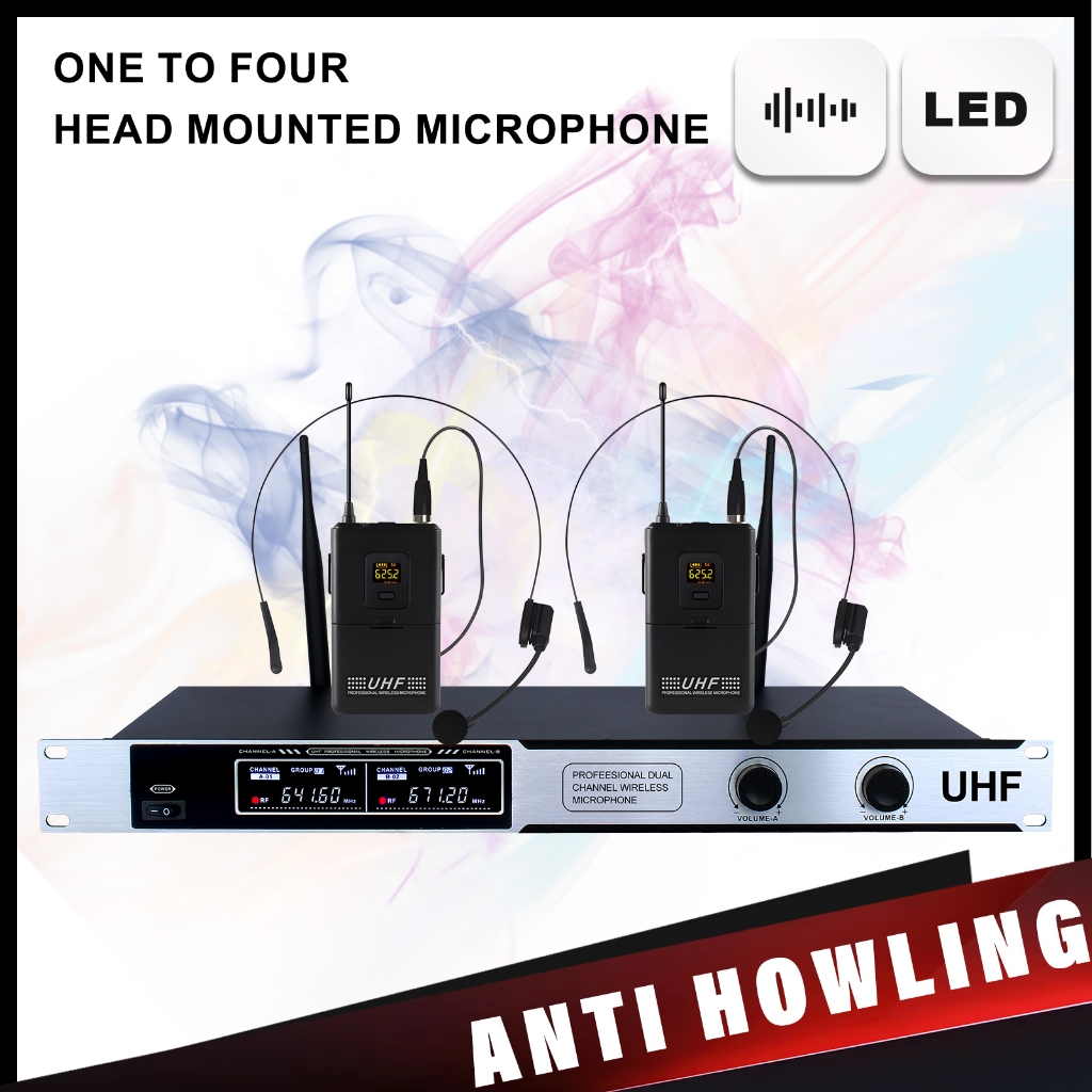 UHF 2 Channel Wireless Headset Microphone System For Speech Karaoke ...