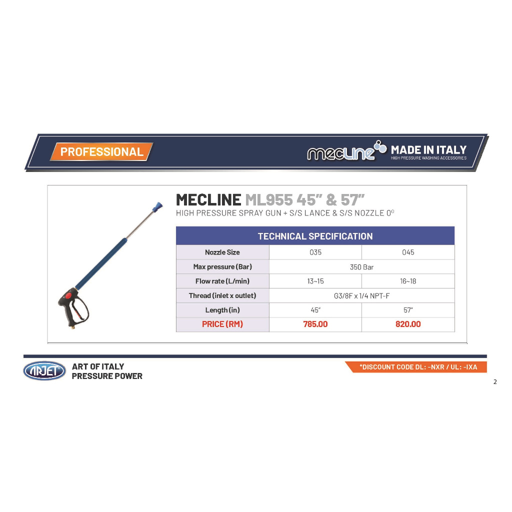 (ITALY MADE)MECLINE ML955 45” & 57” HIGH PRESSURE SPRAY GUN + SS LANCE ...