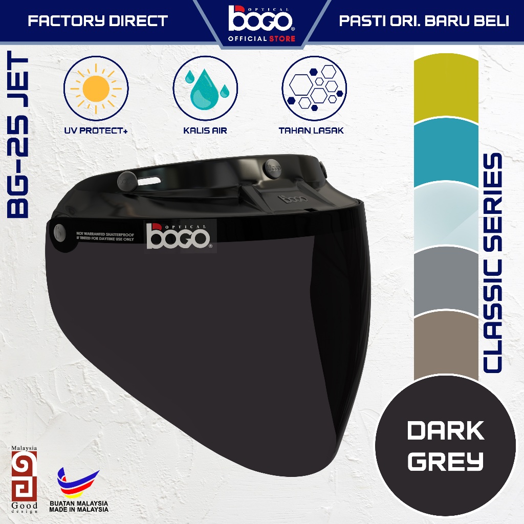 (ORIGINAL) BOGO Visor Helmet BG25 Jet (Warna Klasik) Tinted 3 Button ...