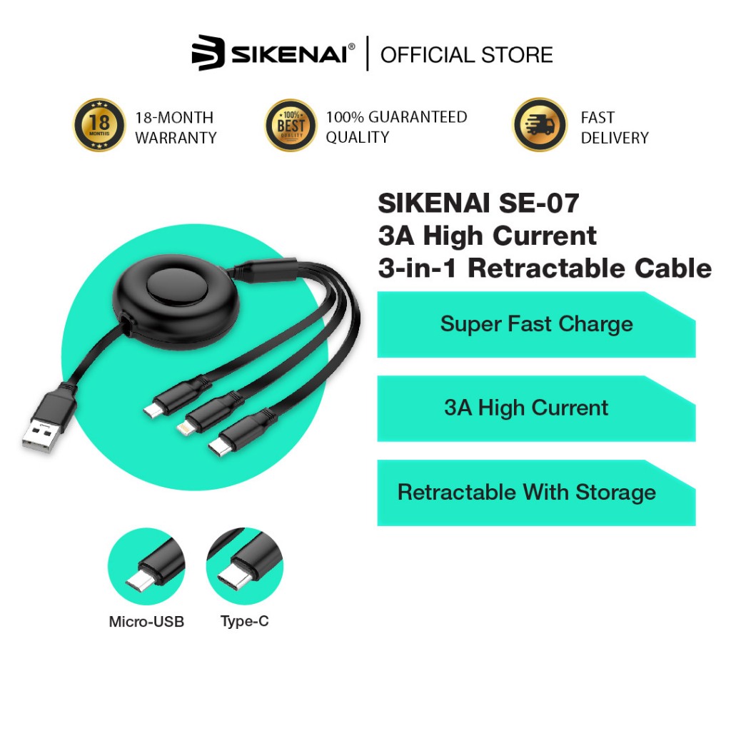 SIKENAI SE-07 3A High Current Metal 3-in-1 Flat Retractable Storage ...