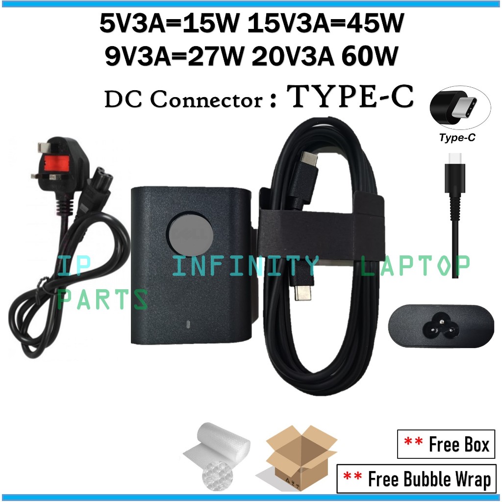 Dell GAN Ultra Slim USB-C 60W 20V 3A DA60NM200 XPS 9320 Latitude 5320 5330 7330 Precision 5550 ...