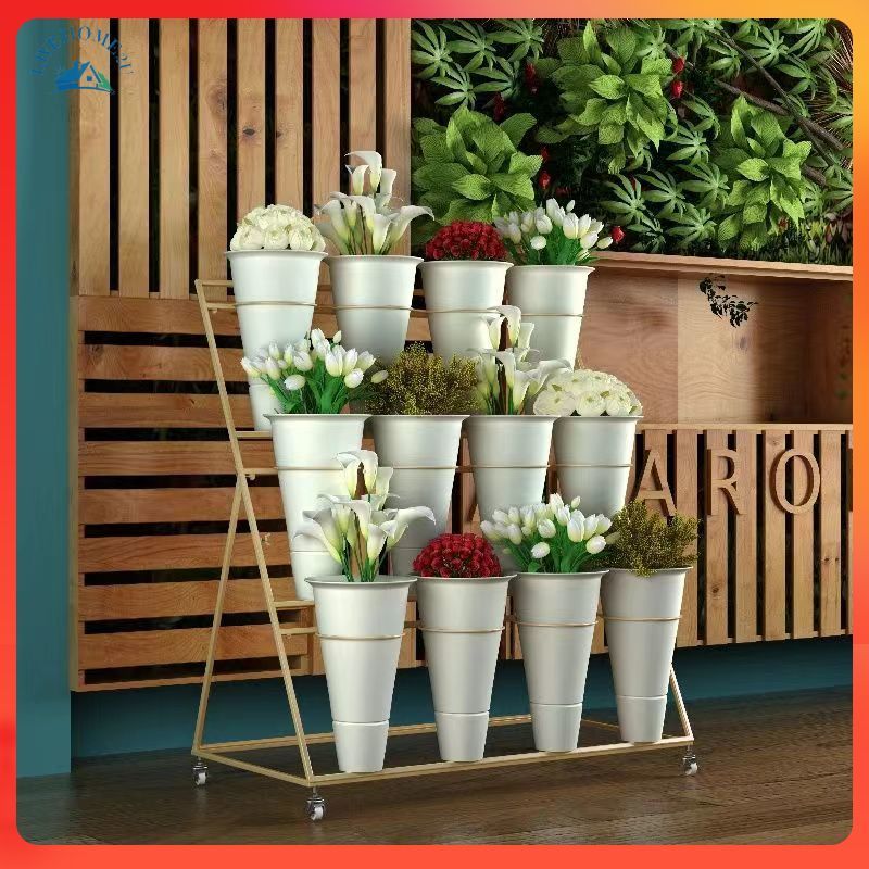 Golden Large Flower Shop Flower Stand Movable Iron Multi-Layer Flower ...