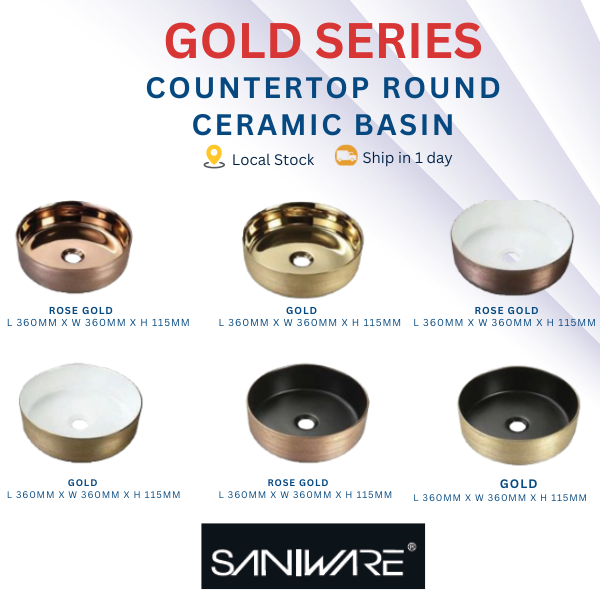 SANIWARE 360mm Matt Gold Ceramic Countertop Round Basin Color Gold Wash ...