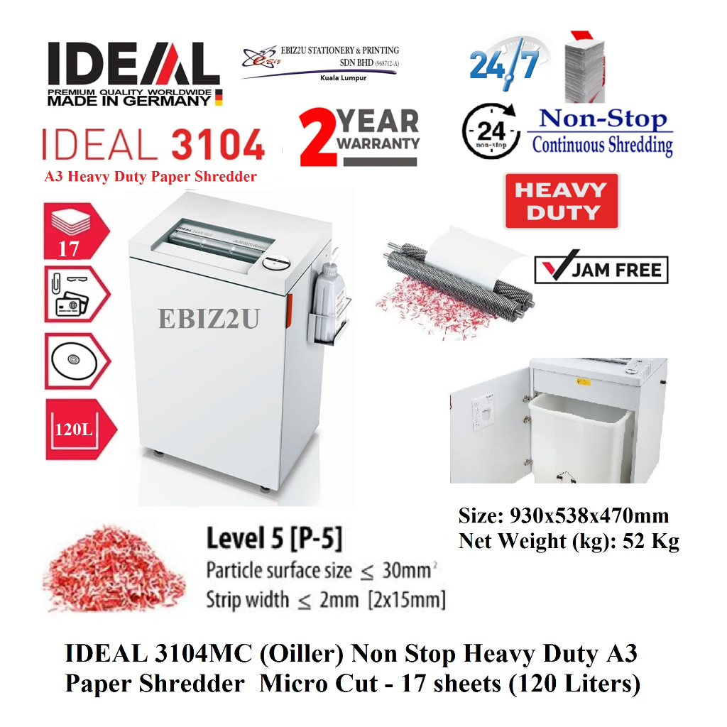 IDEAL 3104 CC (Oiler) 2 x 15mm Non Stop Heavy Duty A3 Paper Shredder ...