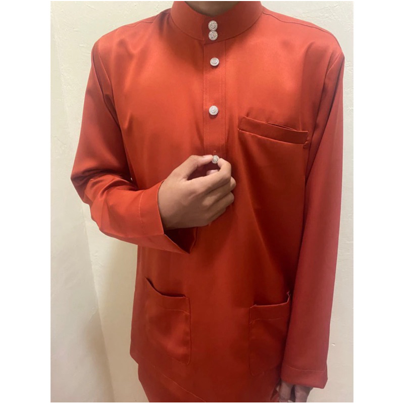 🧡 Baju Malayu Oren Brick 🔥🧡 Trending Raya 2024/ Free Butang / Ready ...