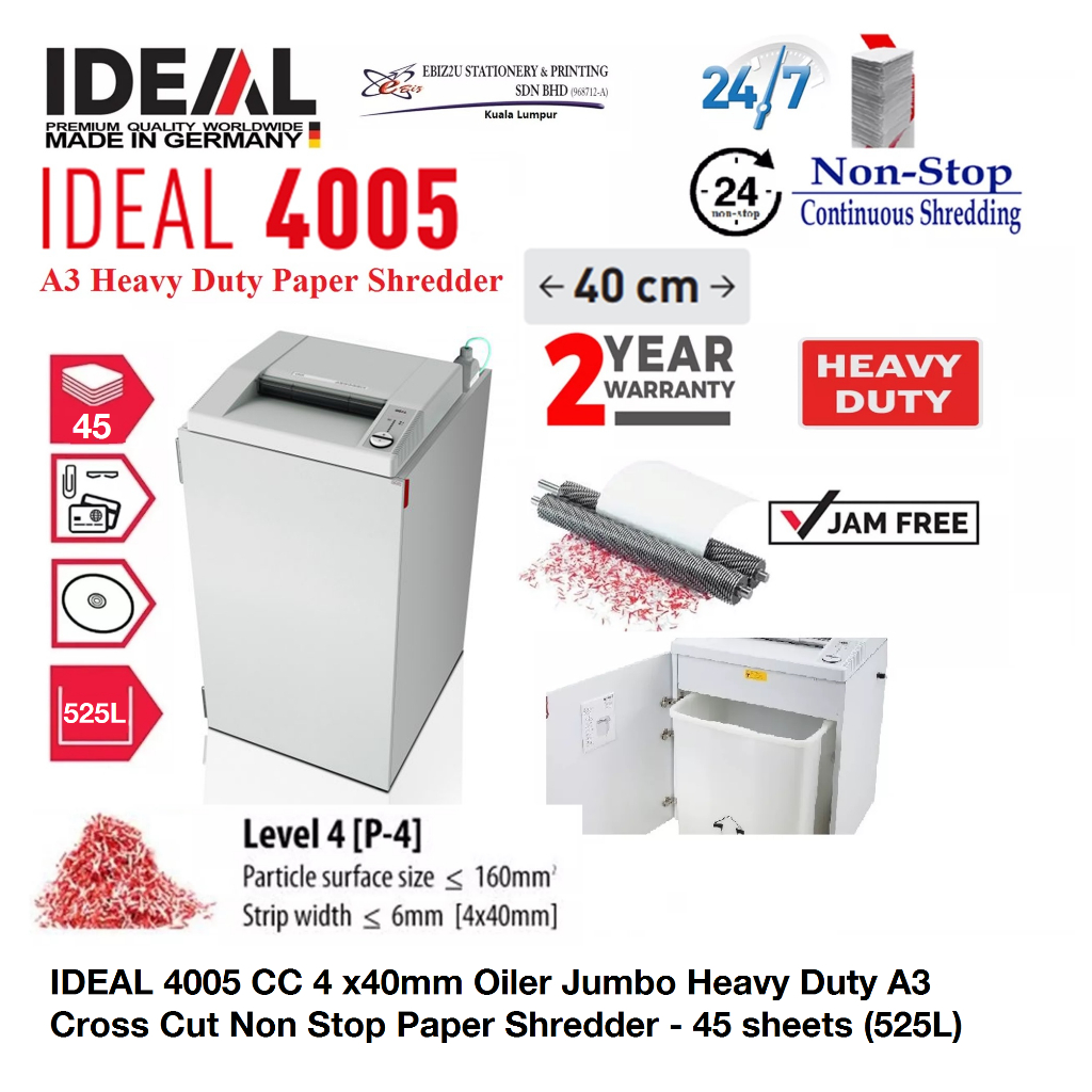 IDEAL 4005 CC 4 x40mm Oiler Jumbo Heavy Duty A3 Cross Cut Non Stop Paper Shredder - 45 sheets ...