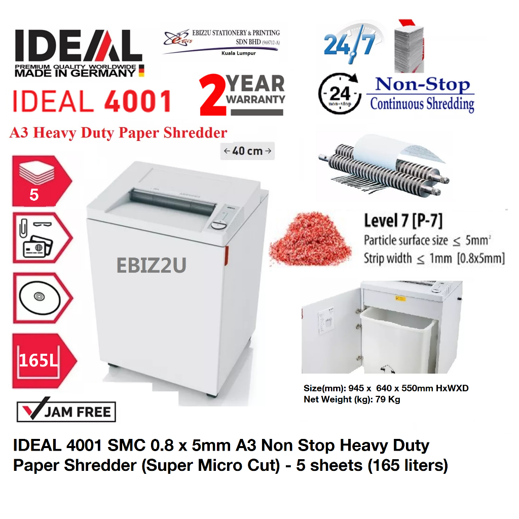IDEAL 4001 SMC 0.8 x 5mm A3 Non Stop Heavy Duty Paper Shredder Super ...