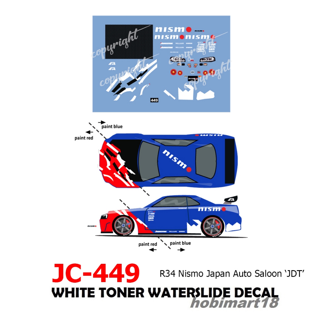 JC449 - R34 NISMO 'JDT' DECALS Hotwheels 1:64 diecast custom white ...