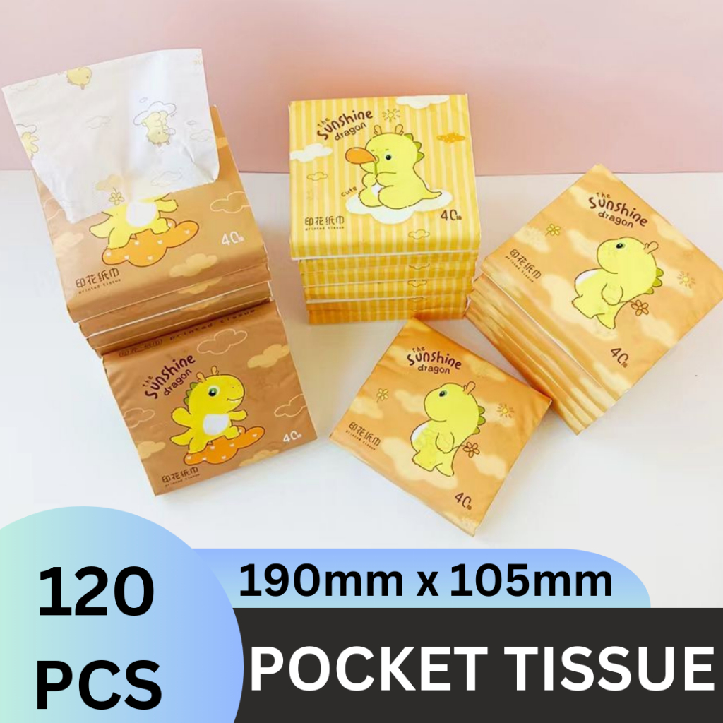 🦕Dinasour Colorful Printed Tissue🦕【40pulls*120pcs/Pack】 Pouch Portable ...