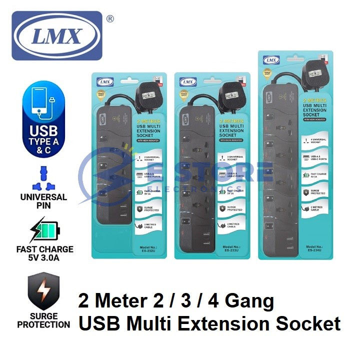 LMX USB & Type-C 2/3/4 Gang Multi Extension Socket Surge Protection (2 ...