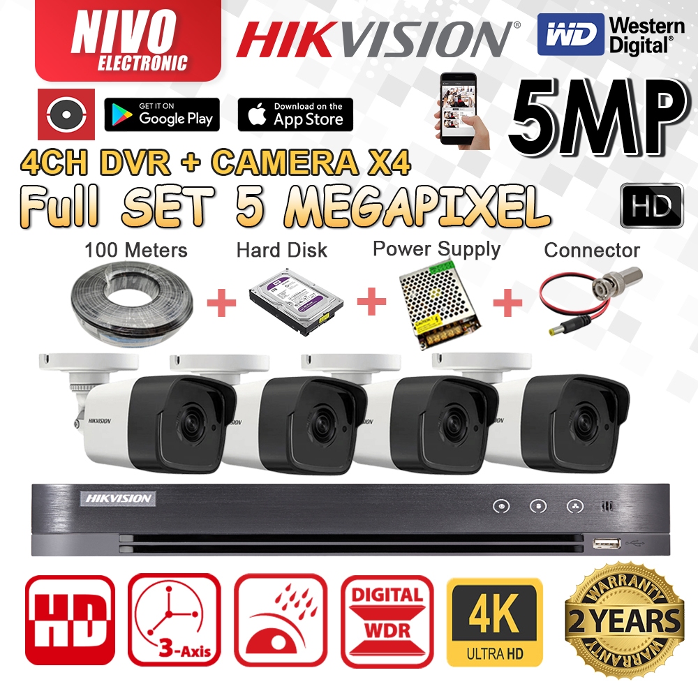 HIK HIKVISION 5MP Full Set 4-CHANNEL HD 4K 1920P CCTV 4CH DVR + Camera + Hard Disk + Power ...