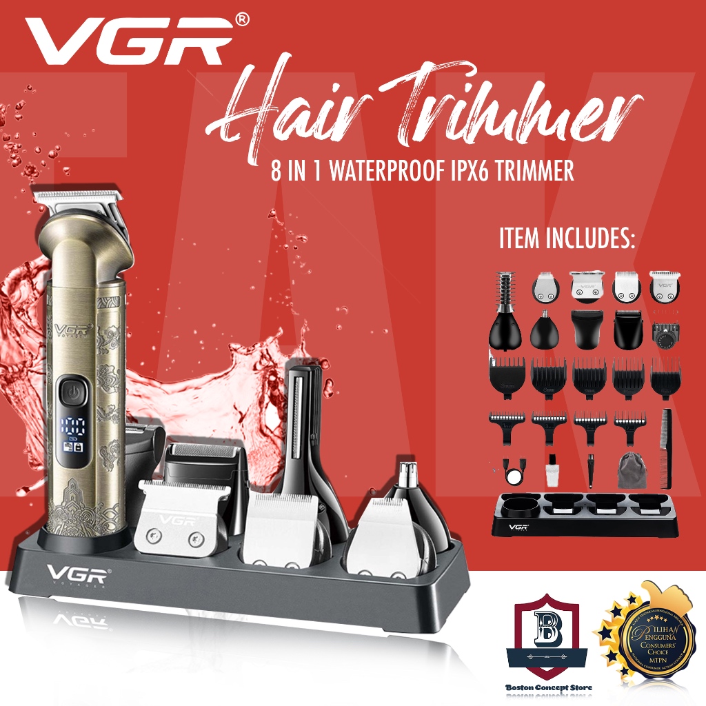 VGR V-110 8 in 1 Waterproof Beard Trimmer Rechargeable Cordless Hair Clippers IPX6 Waterproof ...