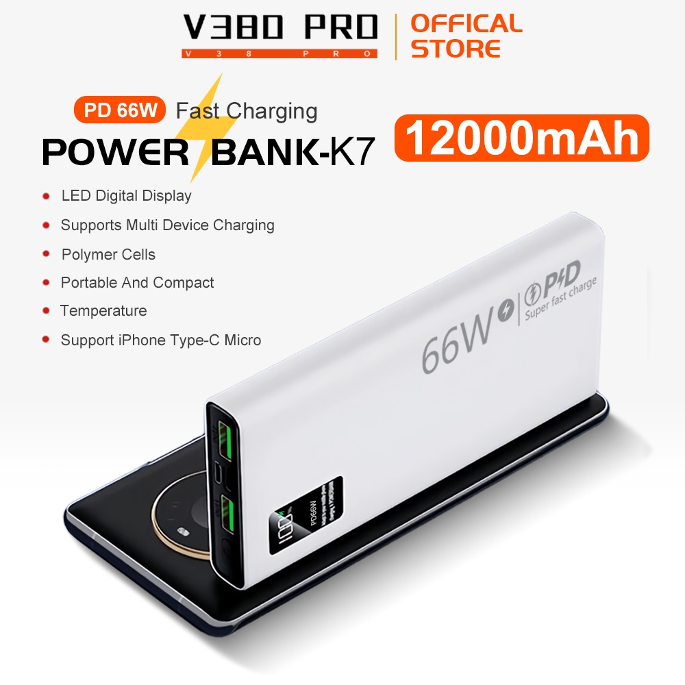 V380 PRO Power Bank PD Fast Charging All USB Output Ports Digital Display For Phone (12000mAh ...