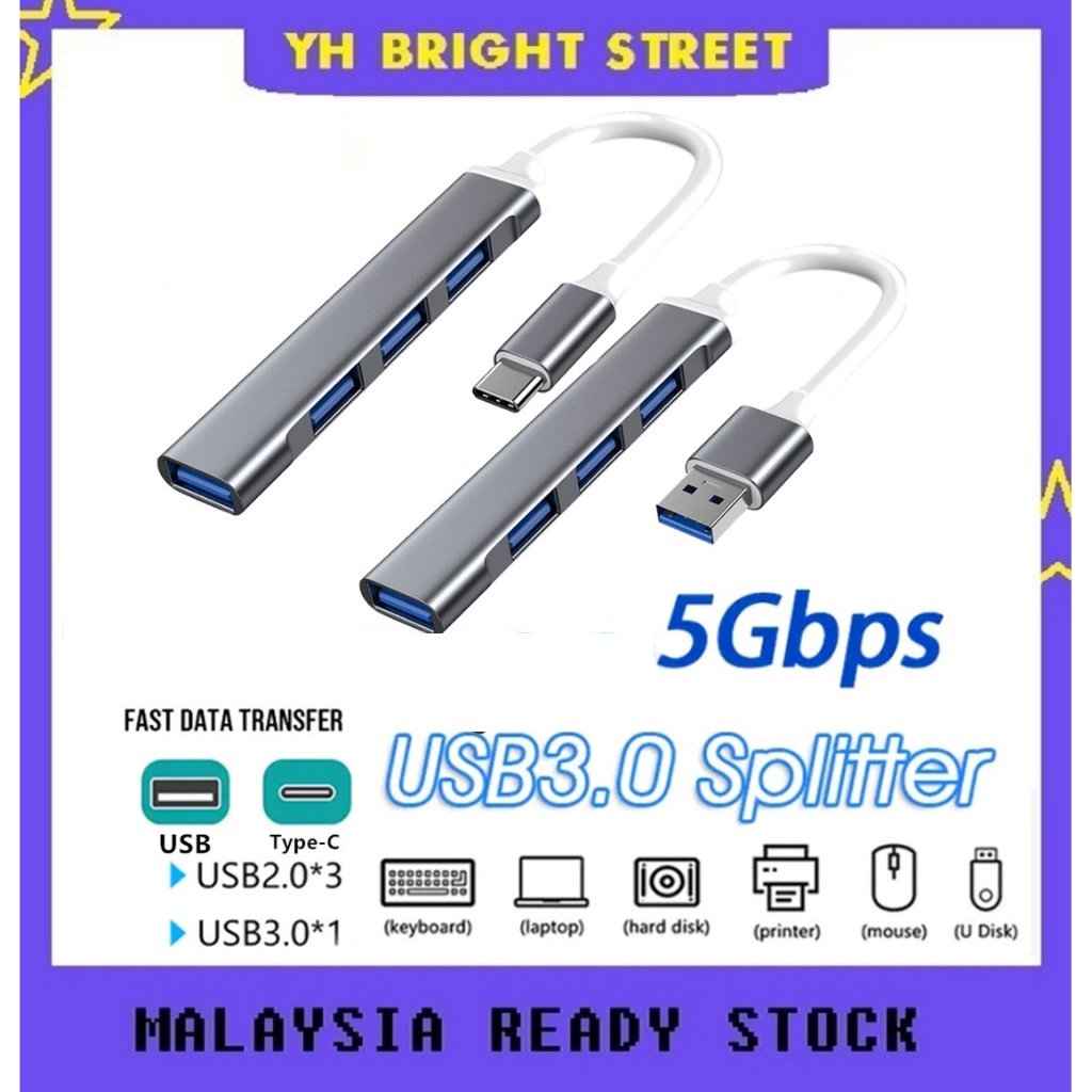 4 in 1 USB Hub High Speed 4 Ports USB 3.0 Adapter Type-C Splitter 5Gbps For PC Laptop Macbook ...