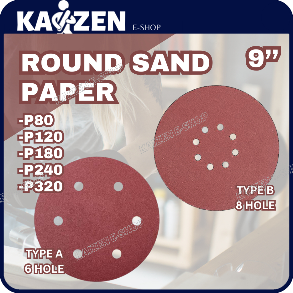 9" 6 Hole / 8 Hole Cloth Stick Round Sand Paper Abrasive Round Red ...