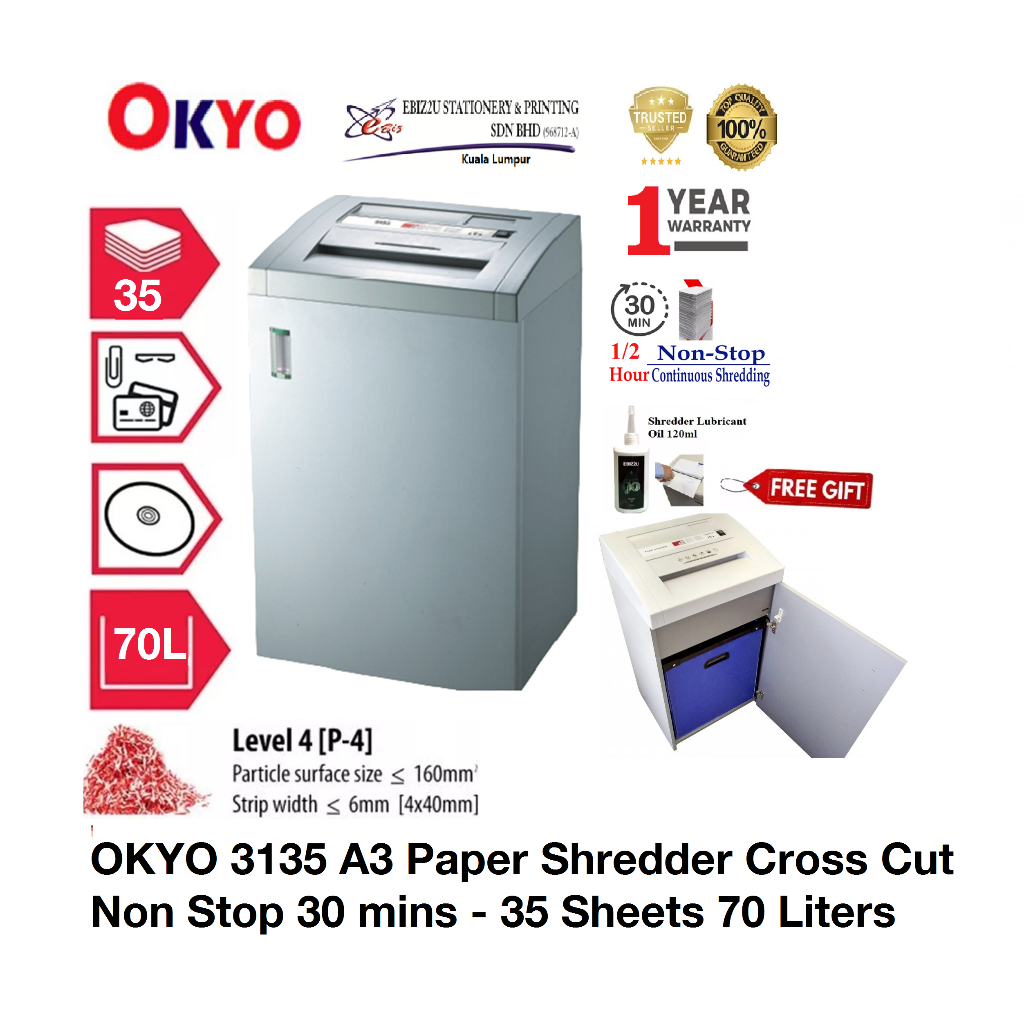 OKYO 3135 A3 Paper Shredder Cross Cut Non Stop 30 mins - 35 Sheets 70 ...