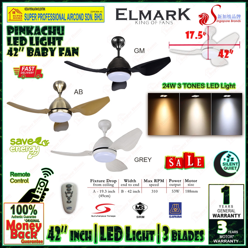 Elmark Remote Control Ceiling Fan with LED Light 3 Tones Colours (24w ...