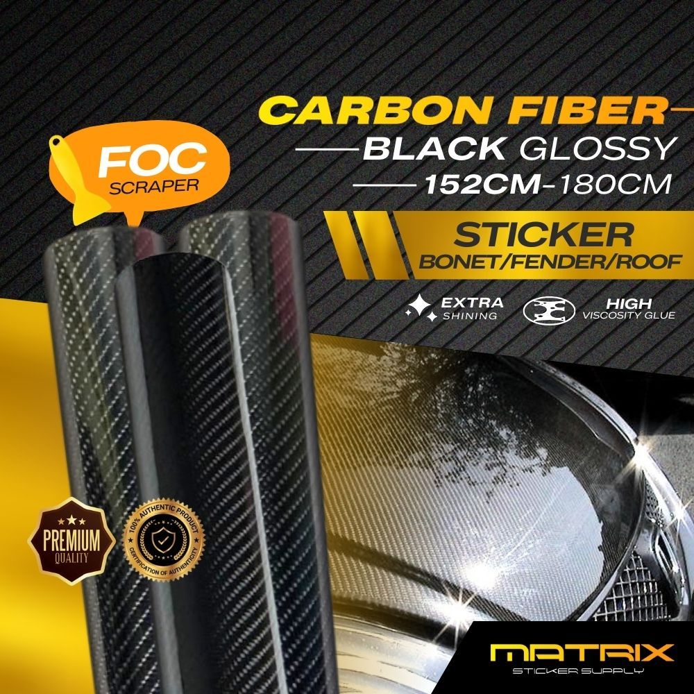 PREMIUM CARBON FIBER BLACK STICKER(152CM-180CM)bonet/roof/fender stiker ...