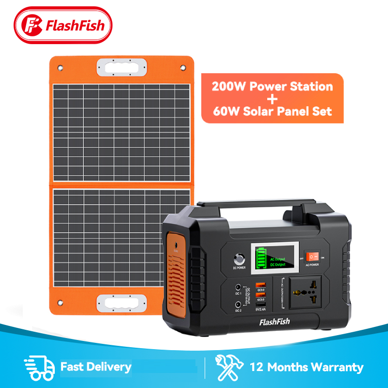 FlashFish Portable Solar Generator Power Station (200W) + Foldable Solar Panel for Camping ...
