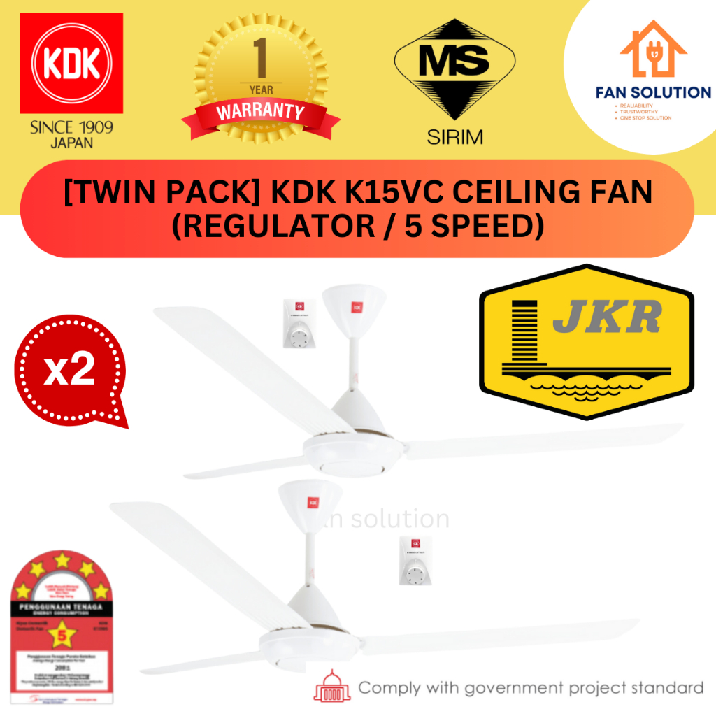 [TWIN PACK, 2 UNITS] KDK K15VC REGULATOR CEILING FAN (WHITE) (60"/150CM ...