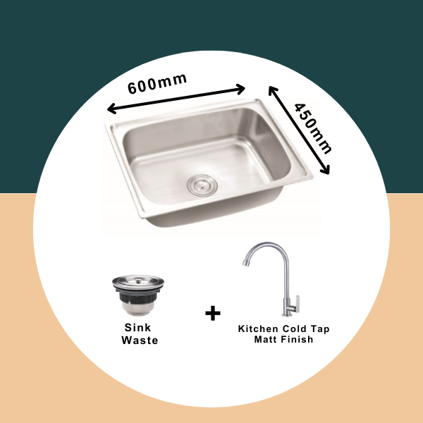 Kitchen Sink Single Bowl Top Mount Stainless Steel 600mm FREE Premium ...