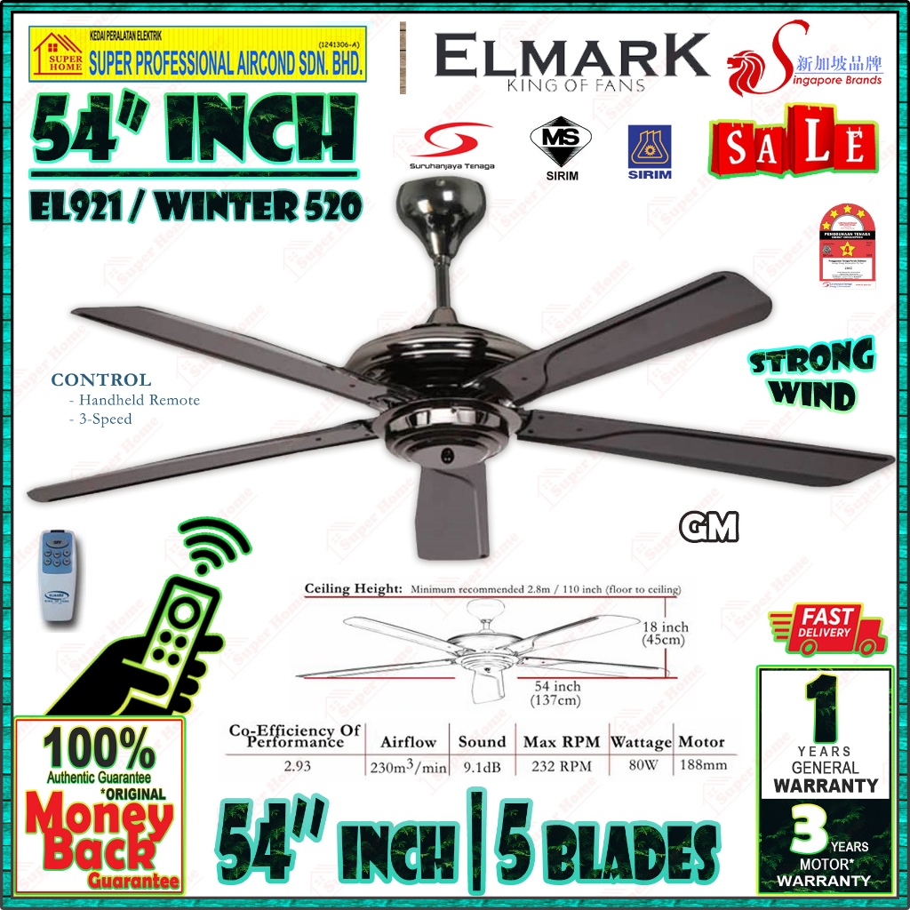 Elmark Ceiling Fan EL921 54 inches Remote Control 5 Blades Ceiling Fan ...
