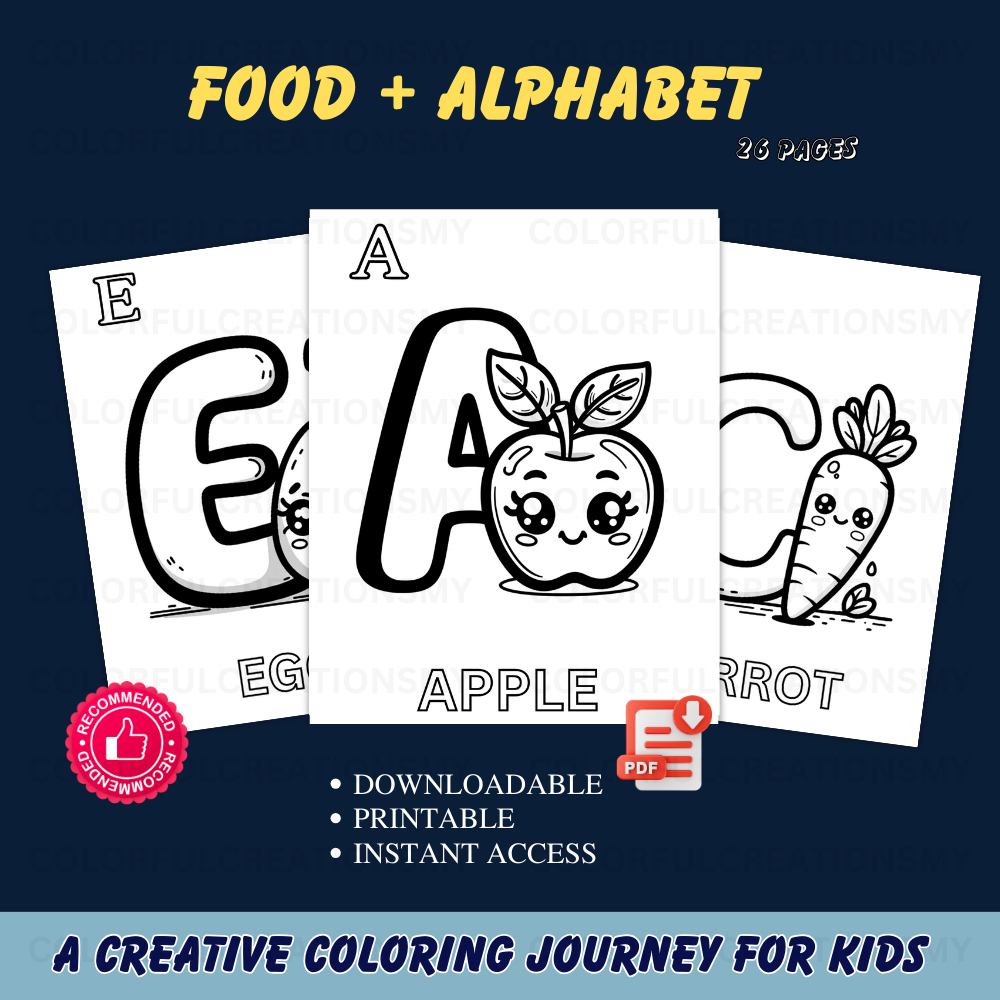 [PDF] Food Alphabet Kids Coloring Page| ABC Food Theme| Fun Educational ...