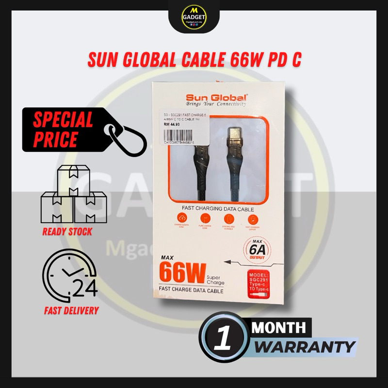 [FREE WARRANTY] SUN GLOBAL Cable Fast Charger 66W PD C to C 1meter ...