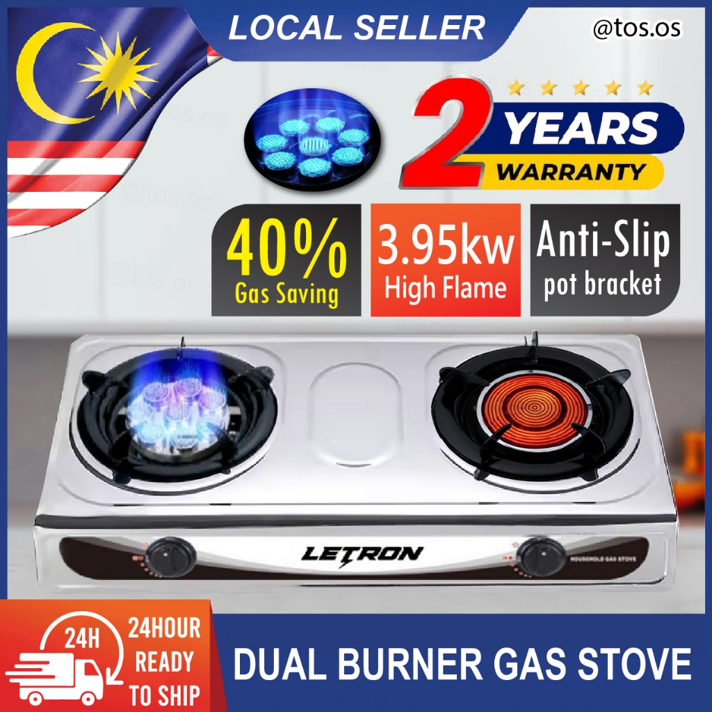 [ 2 YEARS WARRANTY ] Twin Burners Gas Stove Stainless Steel Table Top ...