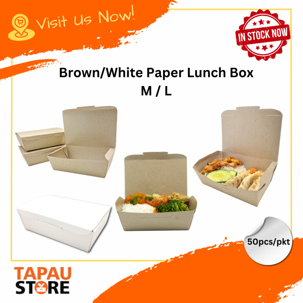 (50PCS) White / Brown Paper Lunch Box (Cap Telefon) / Disposable Lunch ...