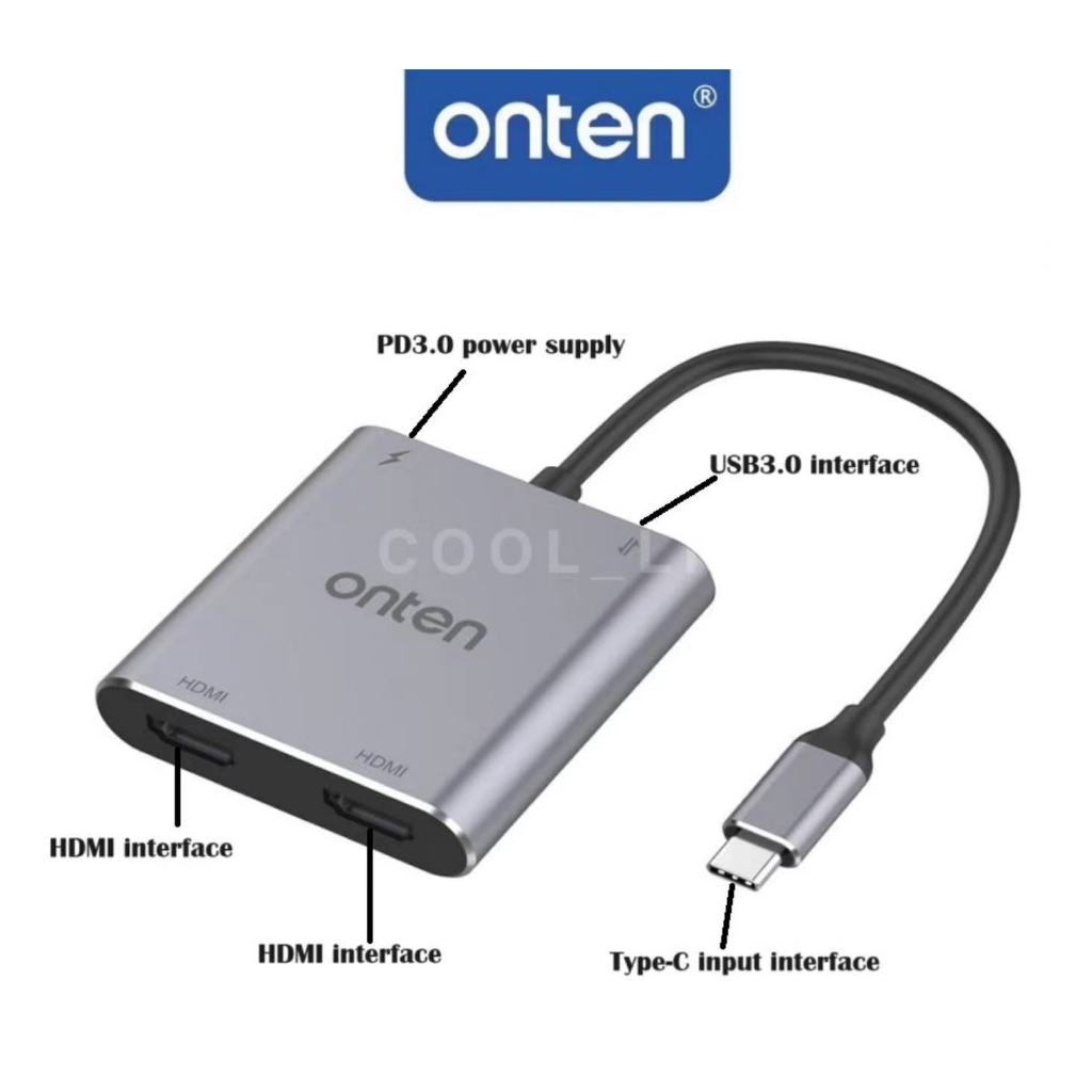 Onten 4 in 1 USB-C / Type-C to Dual HDMI + USB 3.0 + PD3.0 USB-C / Type ...