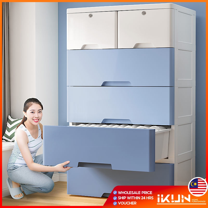 IKun Plastic Drawer Cabinet With Lock 5 Tier Drawer Baju Clothes Storage Cabinet Wardrobe Almari ...