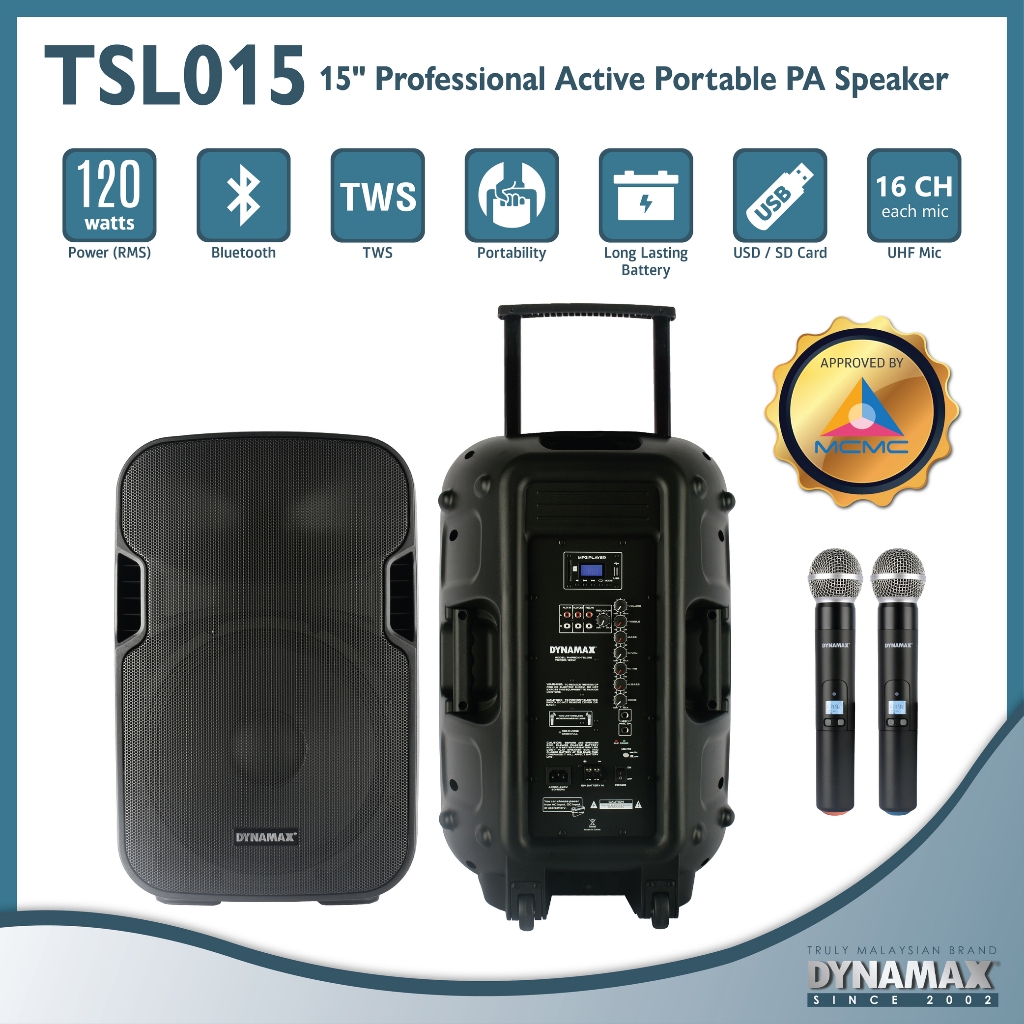 DYNAMAX TSL015 15'' 120W Bluetooth Portable PA System Speaker with 2 ...