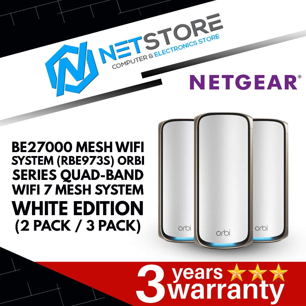 NETGEAR BE27000 MESH WIFI SYSTEM (RBE973S) ORBI SERIES QUAD-BAND WIFI 7 ...